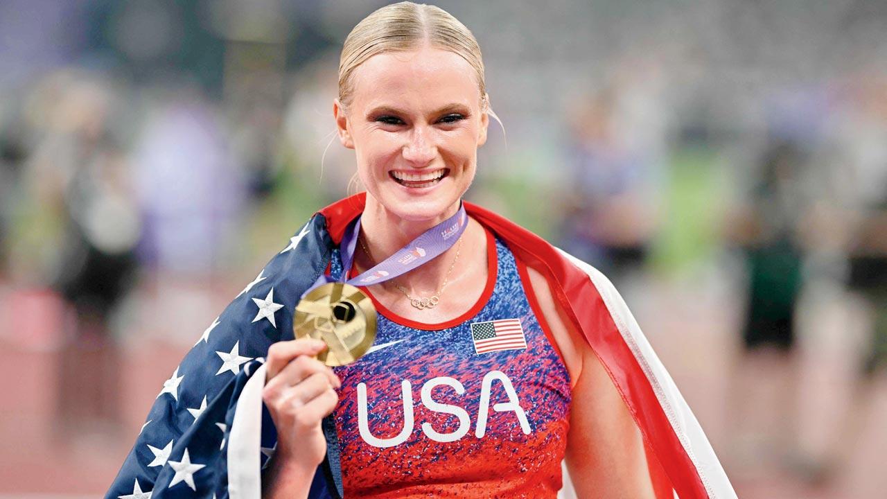 Golden glow for America’s Katie Moon as she wins her third consecutive women’s pole vault world ...