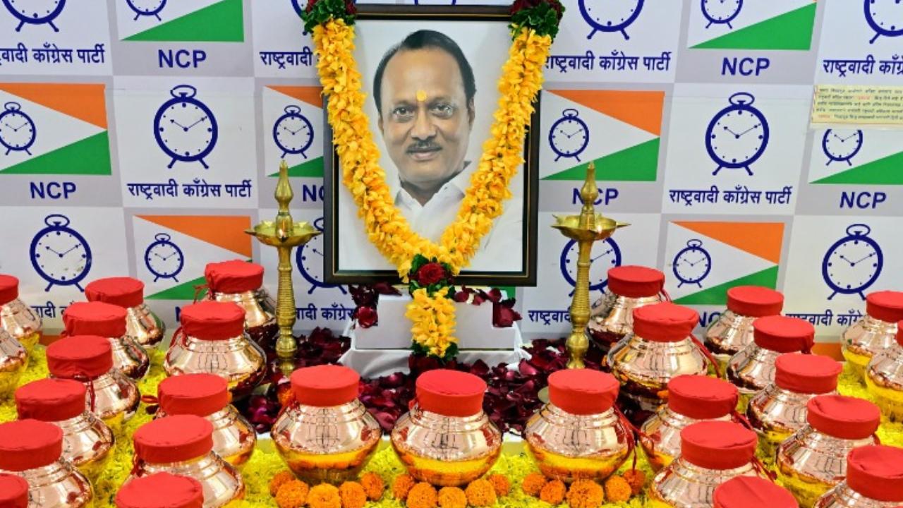 IN PHOTOS: Ajit Pawar’s ashes brought to NCP office in Mumbai