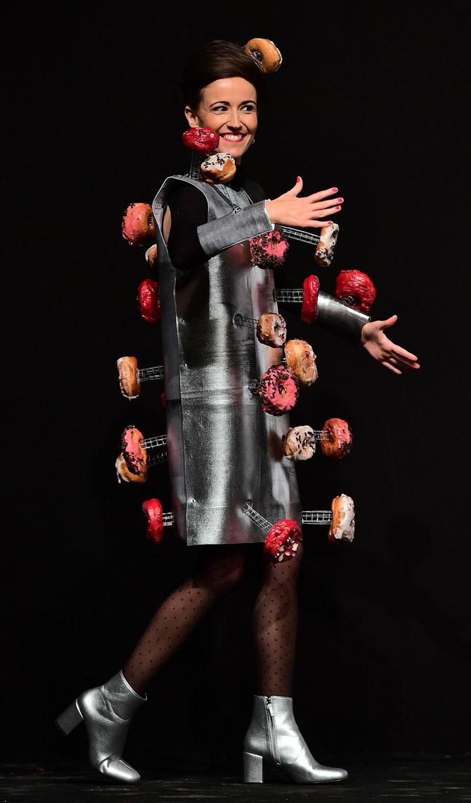 A model showcases a creation on the ramp during the Salon du Chocolat